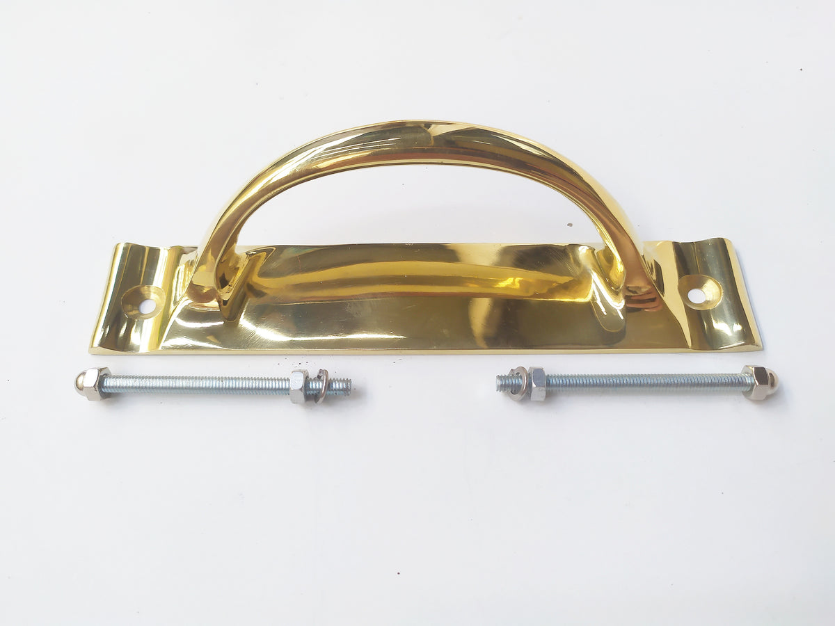Solid Brass Polished Cabinet Pull - Brass D Shaped Handle on a Backpla